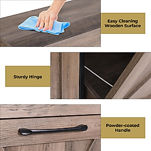 Arlopu Double Tilt Out Trash Cabinet, 20 Gallon Pet Proof Kitchen Pull Out Recycle Cabinet, Freestanding Wooden Laundry Sorter Cabinet, W/Drawer, Barn Door, for Home, Living Room, (Greige)