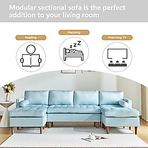ORRD U-Shape Convertible Sectional Sofa, Modular Sleeper Couch Chaise Modern 6 Seater Velvet Sofa for Living Room, Bedroom, Apartment (Light Blue)