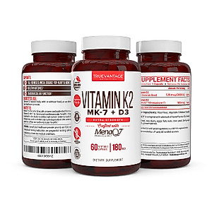 Vitamin K2 D3 Supplement 5000 IU D3 and 180 mcg Vitamin k2 MK7 Supplement for Healthy Bones, Healthy Heart & Cardiovascular Health-60 Easy to Swallow Vegetable caps of MenaQ7 K2 MK7