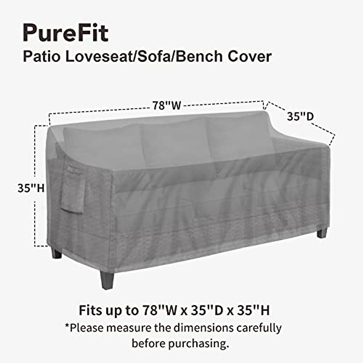 PureFit Outdoor Couch Cover Waterproof Patio Sofa Furniture Covers, 3-Seater Outdoor Cover with Air Vent and Handles, 78W x 35D x 35H Inches, Gray