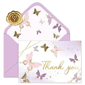Whaline 30 Pack Butterfly Thank You Cards Gold Foil Purple Greeting Cards with Envelopes Stickers Lavender Blank Note Cards for Party Invitation Supplies, 4 x 6 Inch