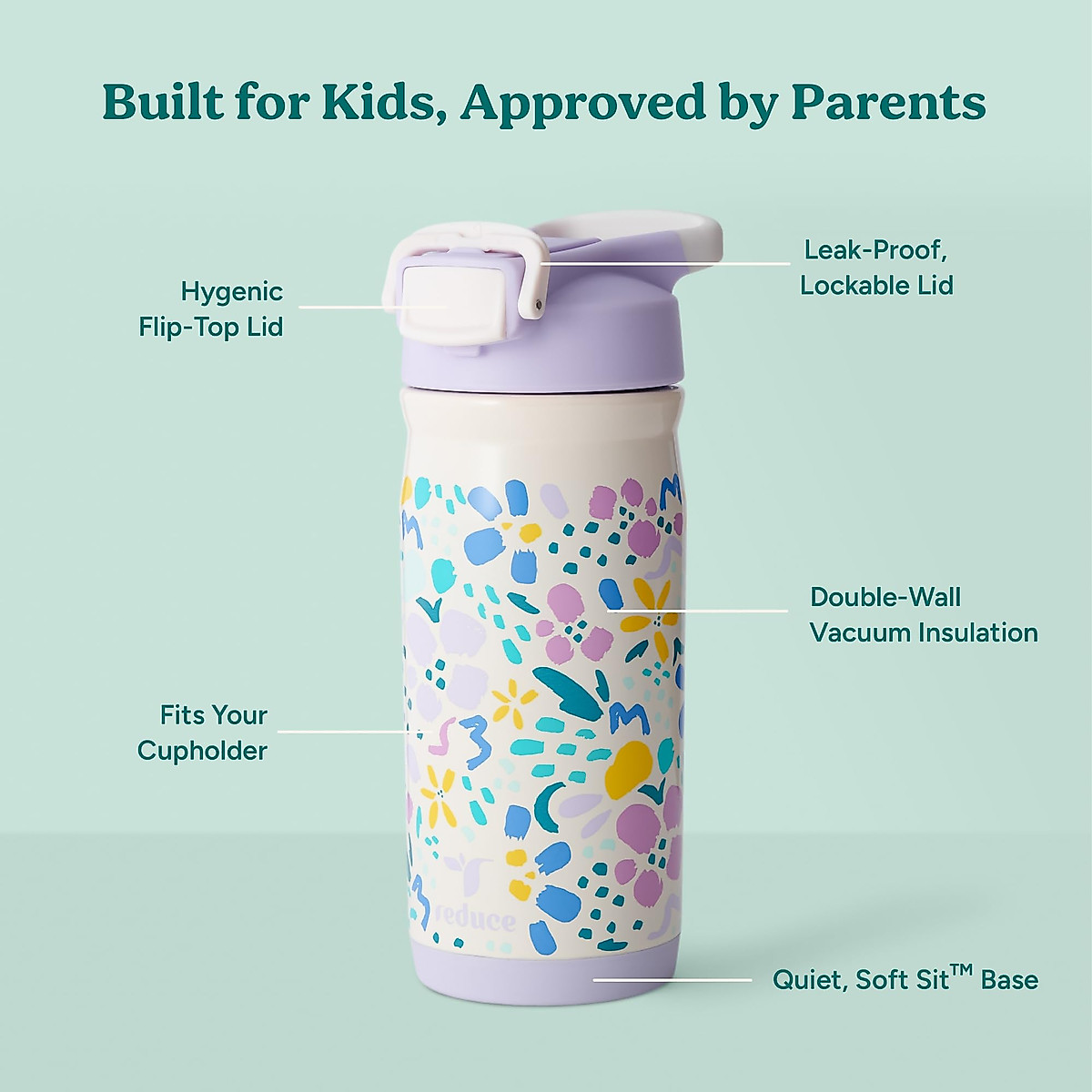 REDUCE 14 oz Hydrate Pro Stainless Steel Insulated Water Bottle - Flip Top Leak-Proof Lid,Dishwasher Safe,BPA-Free,Dual Wall Vacuum,Keeps Drinks Cold for 48 Hrs, Cup Holder Friendly - Abstract Flowers