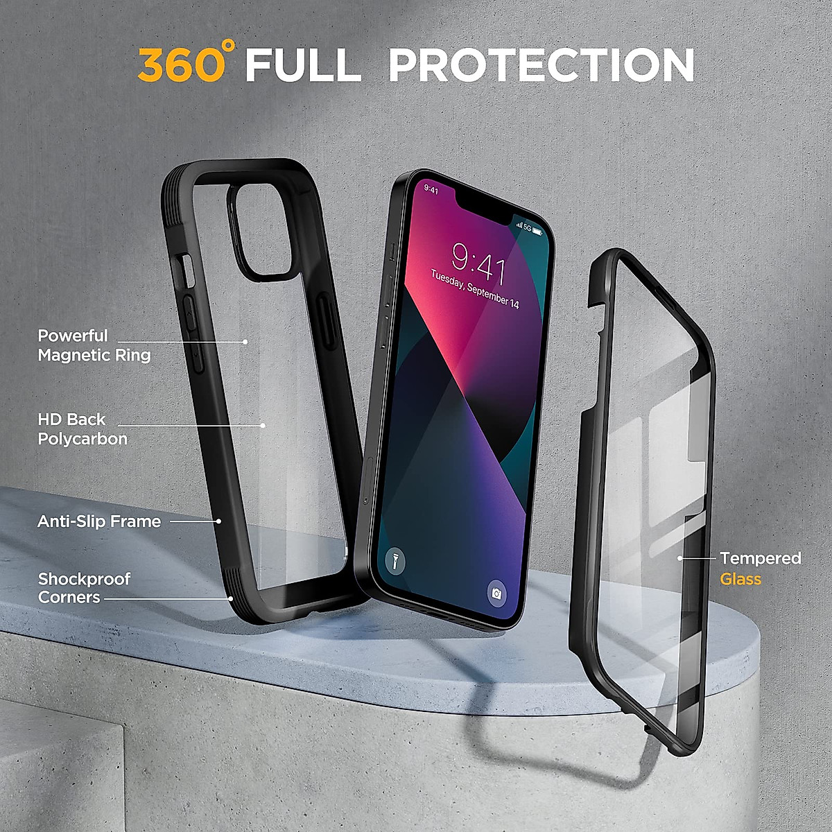 Miracase Compatible with iPhone 13 case 6.1 inch, 2021 Upgrade Full-Body Glass Clear Case Bumper Case with Built-in 9H Tempered Glass Screen Protector for iPhone 13,Black