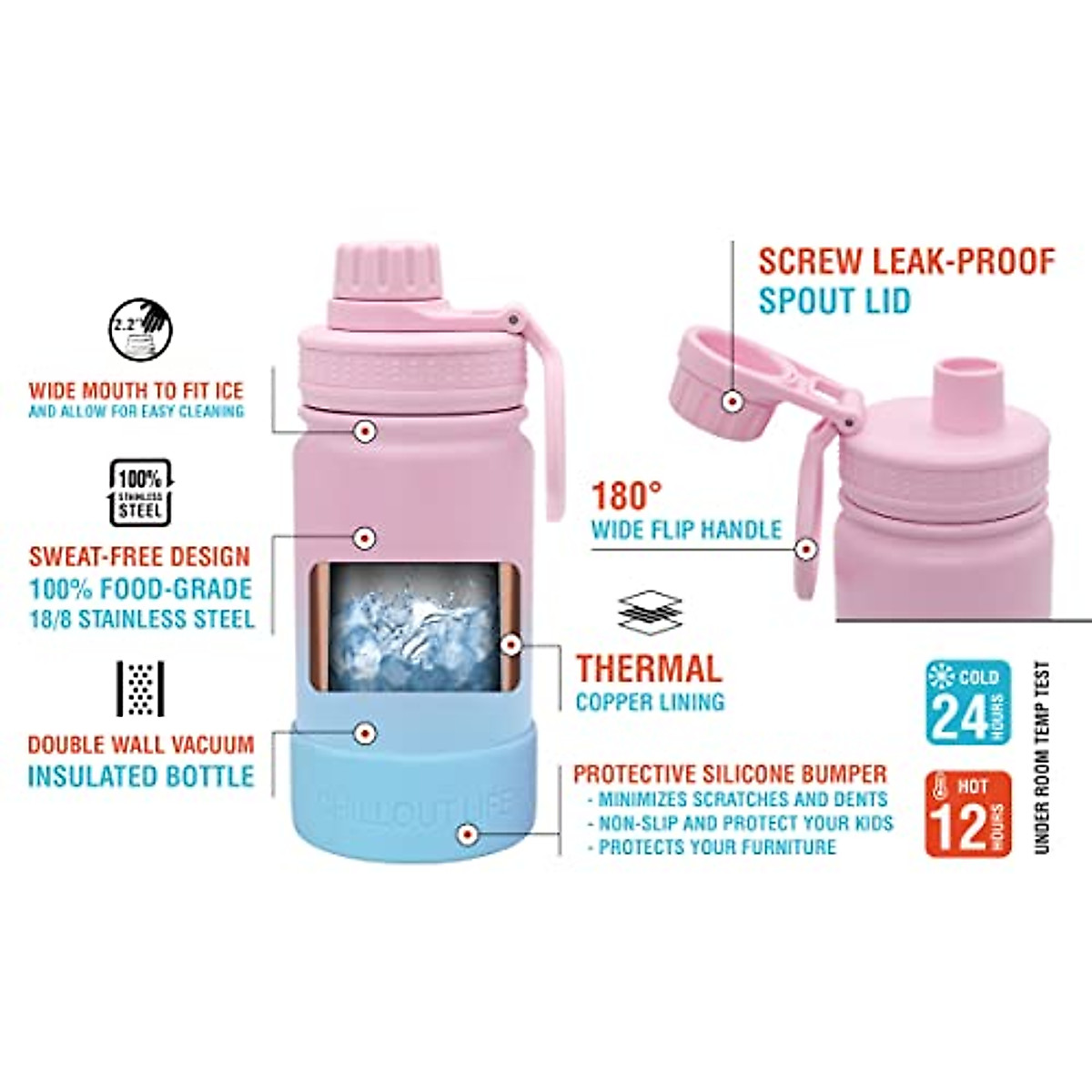 CHILLOUT LIFE 12 oz Kids Insulated Water Bottle for School with Leakproof Spout Lid and Cute Waterproof Stickers, Personalized Stainless Steel Thermos Flask Metal Water Bottle For Girls & Boys