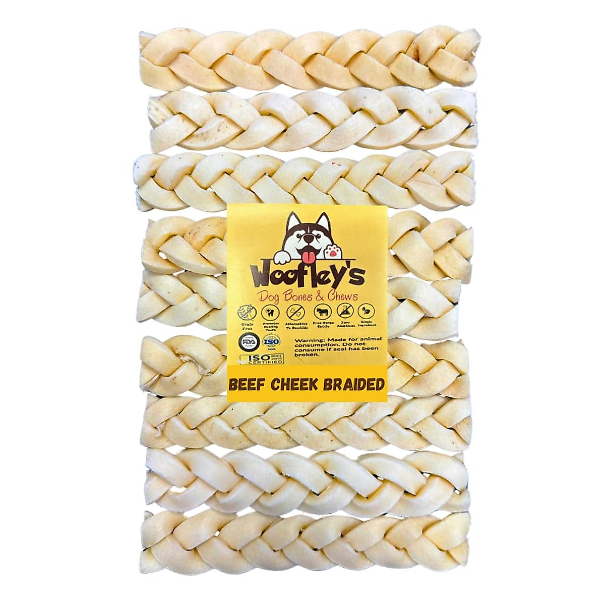 Woofley's 6" Buffalo Beef Cheek Braids Regular - (12 Count)- Beef Cheek Dog Chews - No Hide Bones for Dogs