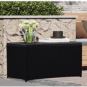 Outdoor 70 Gallon Wicker Storage Box with Waterproof Liner, Patio PE Rattan Storage Container for Outside, Deck Box with Hinged Lid for Cushions, Pillows, Towels, Horizontal Bin, Black