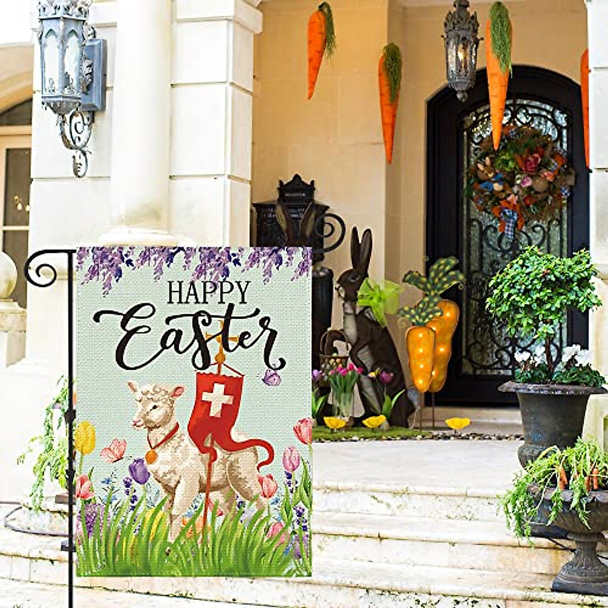 AVOIN colorlife Happy Easter Lamb of God Garden Flag 12x18 Inch Double Sided Outside, Hunt Meadow with Cross Floral Pascha Yard Outdoor Decoration