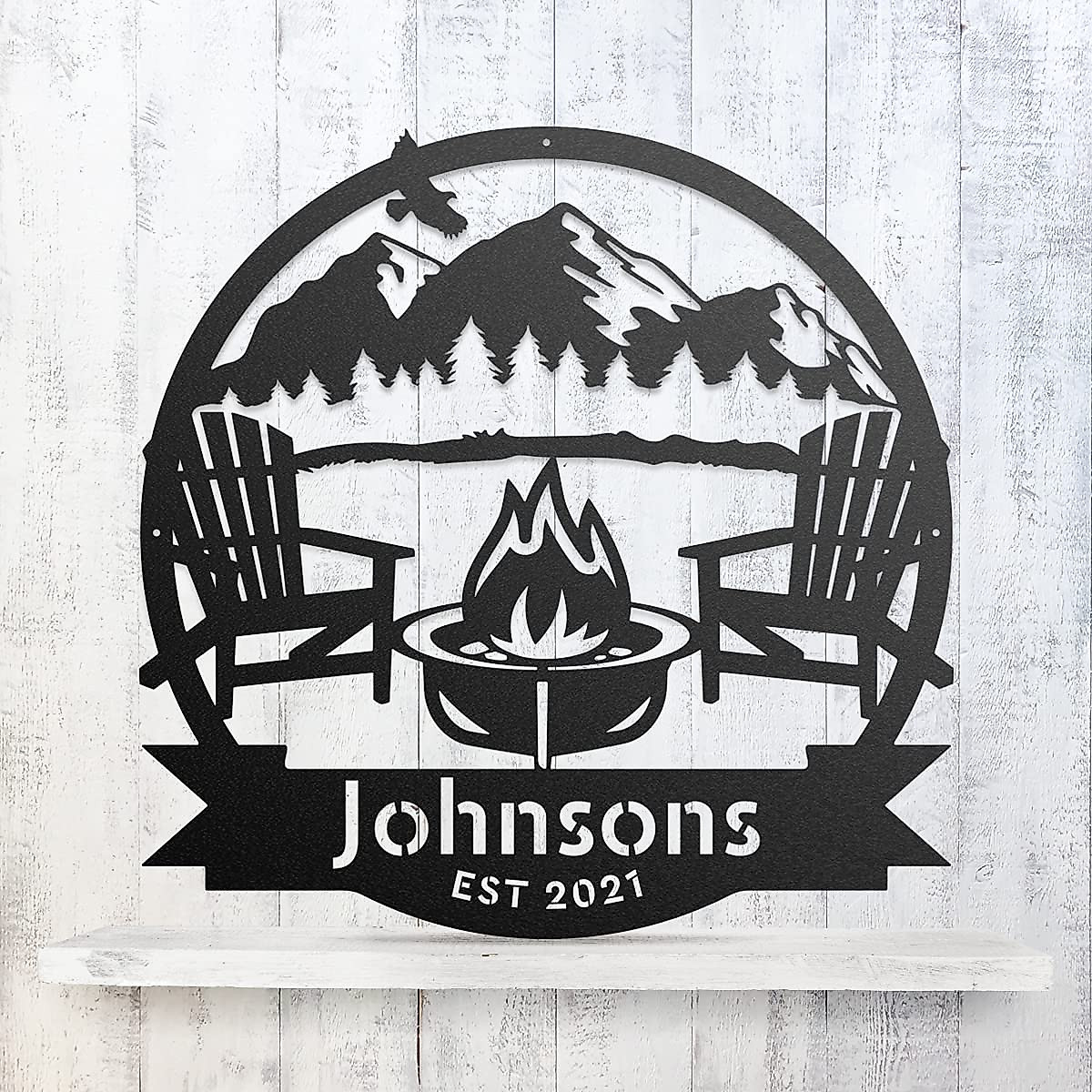 RealSteel Personalized Campfire Name Sign - Custom Metal Wall Art with Adirondack Chairs, Mountains, and Campfire Scene - Rustic Cabin, RV, and Campsite Decor - Gift for Campers & Nature Lovers - Black, 18"