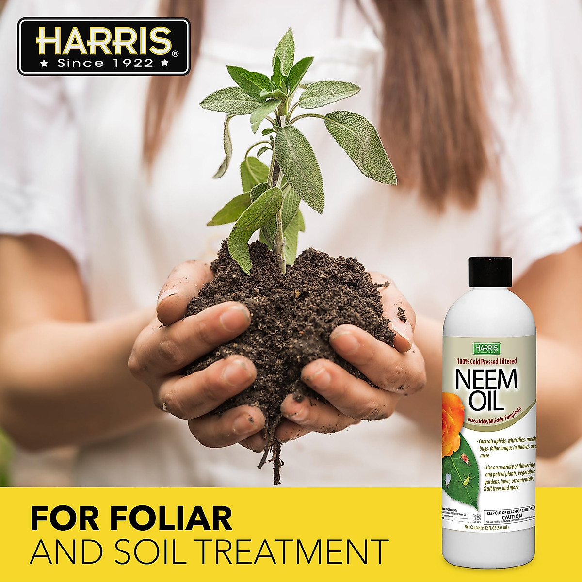 HARRIS Neem Oil, 100% Cold Pressed and Unrefined Concentrate for Plant Spray, High Azadirachtin Content, 12 Ounce for Aphids, Whiteflies, Mealy Bugs and More