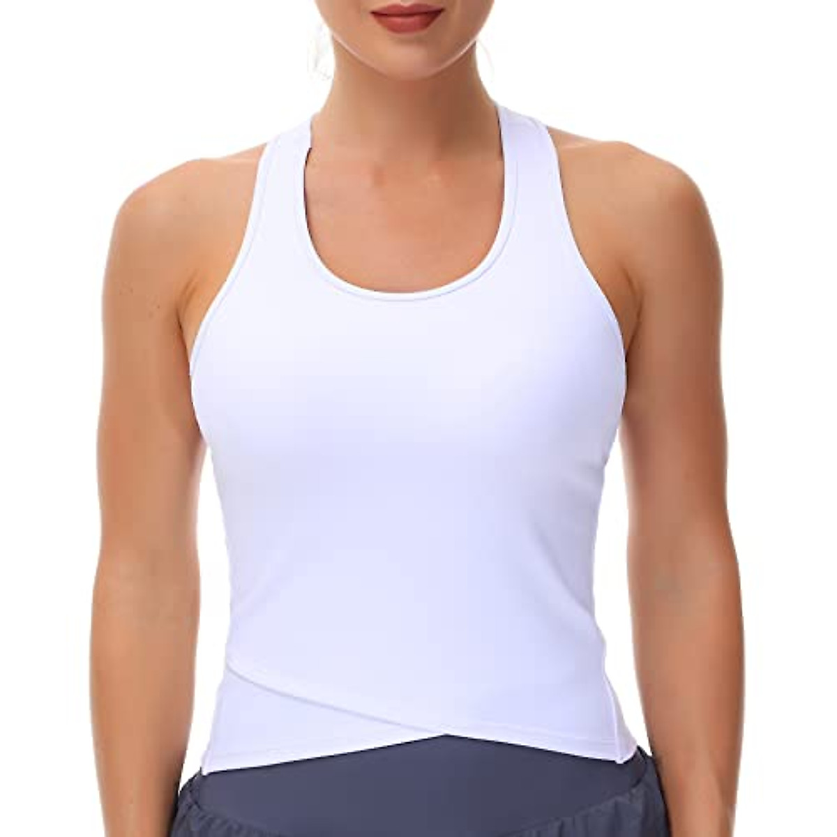 Women’s Racerback Workout Tank Tops with Built in Bra Sleeveless Running Yoga Shirts Slim Fit (Large, White)