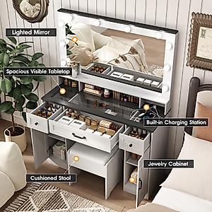 Vabches Vanity Desk with Mirror and Lights,Glass Top,Makeup Vanity Table Set with Stool,Charging Station and 3 Lighting Modes,2 Cabinets 4 Drawers Dressing Table，White