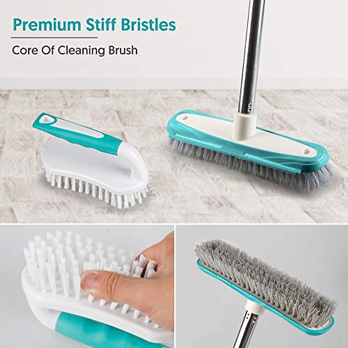 MEXERRIS Scrub Brush with Floor Scrubber Deck Brush Long Handle Combo Cleaning Kits, Stiff Bristles Durable Scrubbing Grout Brushes for Carpet Bathroom, Shower, Sink, Bathtub, Tile, Kitchen Surface