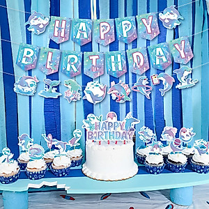 Dolphin Party Decorations , Include Happy Birthday Banner, Cake Toppers , Dolphin Theme Garland, Balloons, Stickers, Honeycomb Centerpieces, for Ocean DolphinTheme Birthday Baby Shower Party Supplies
