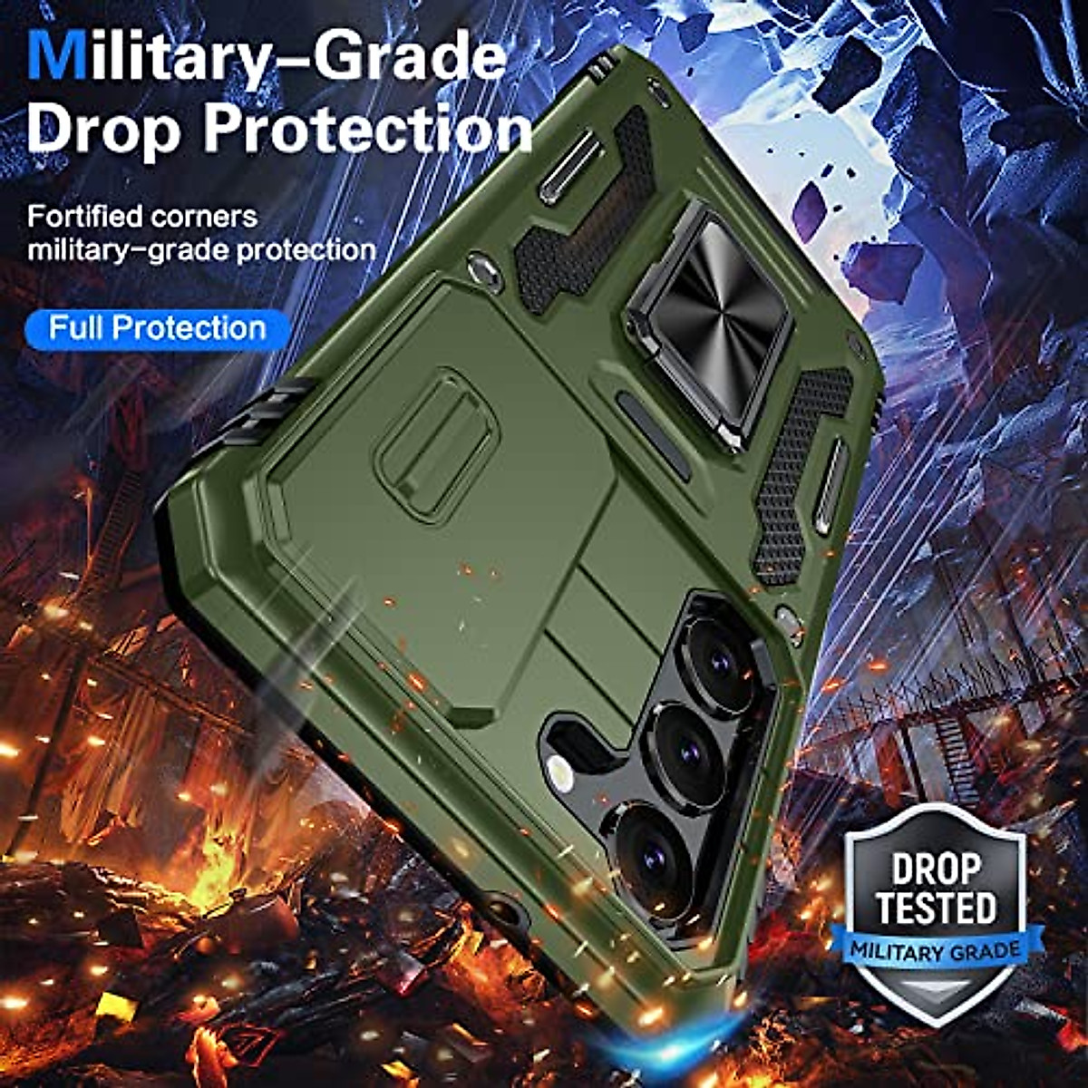 GOLDJU for Samsung Galaxy S23 Case, [4 in 1] Galaxy S23 Case with [2P Tempered Glass Screen Protector] & [Metal Ring Kickstand] Rugged Full-Body Protection Case for Samsung S23 6.1'' (Green)