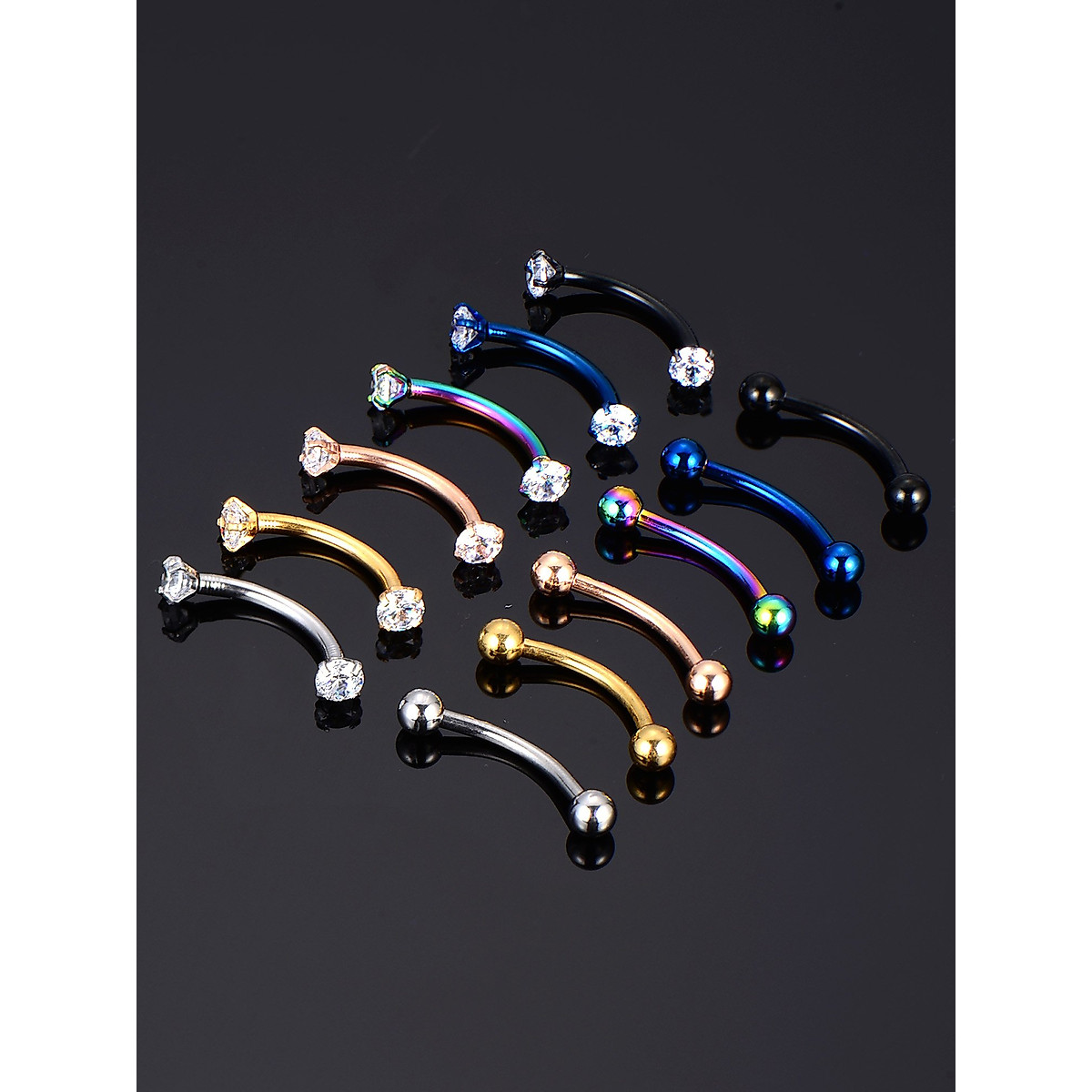 Mudder 12 Pieces 16 Gauge Stainless Steel Belly Lip Ring Eyebrow Studs Cartilage Tragus Cubic Zirconia Barbell Body Piercing, 2 Styles