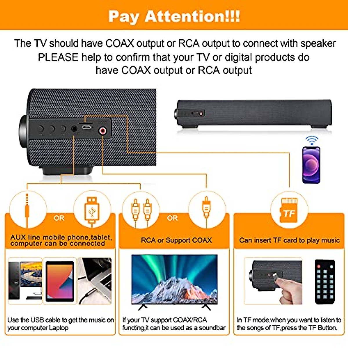 Sound Bars for TV/PC, 16.9" Outdoor/Indoor Mini Soundbar with Wired & Wireless Bluetooth 5 Speaker, 2 X 5 W Sound Bar with Subwoofer for Small Room, Coax/AUX/RCA/TF Card and Remote Control (Updated)