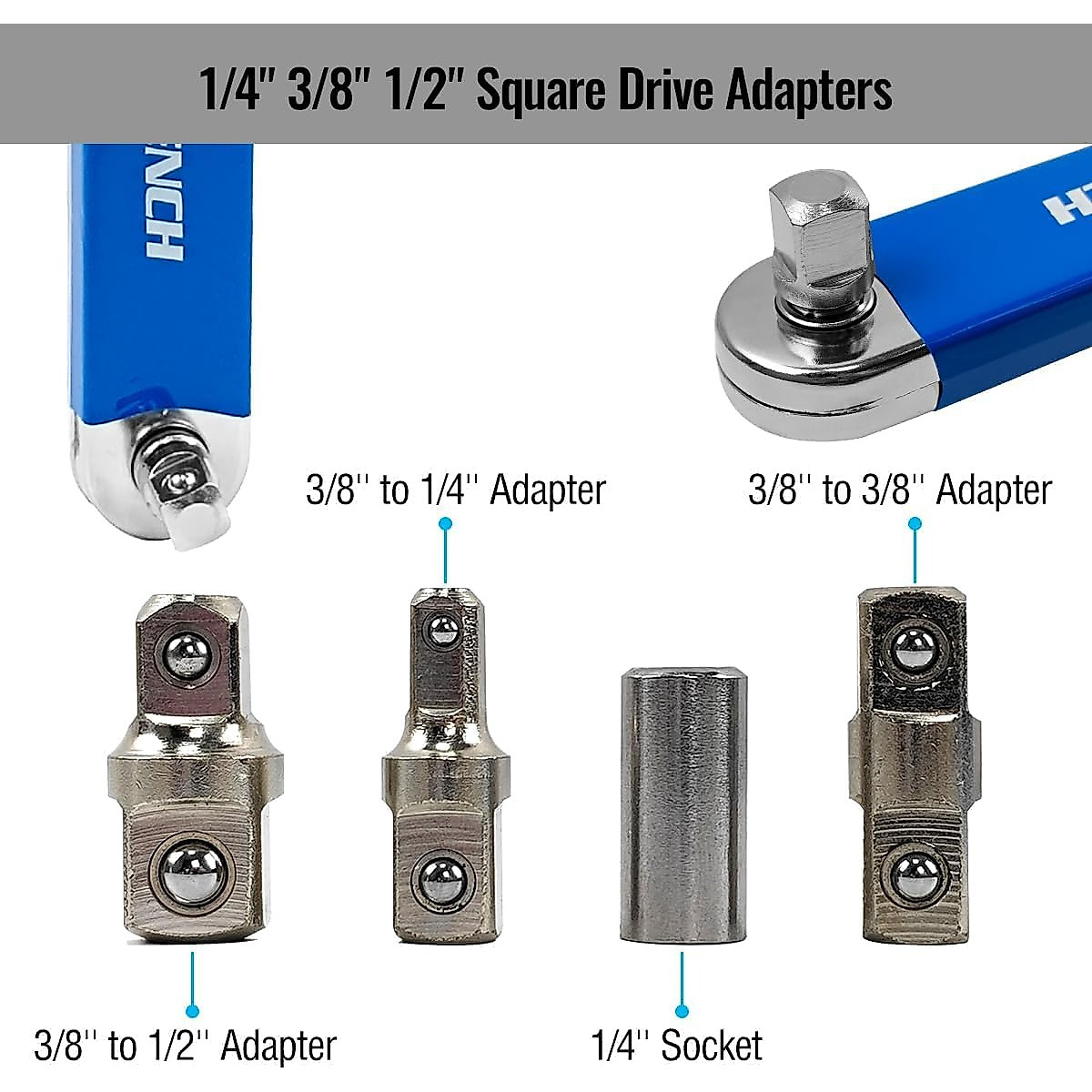blueVVellow Bias extension wrench with 1/2 "", 1/4"", and 3/8 ""square drive adapter, suitable for small area universal extension wrenches, extension wrench kit, impact bias extension wrench