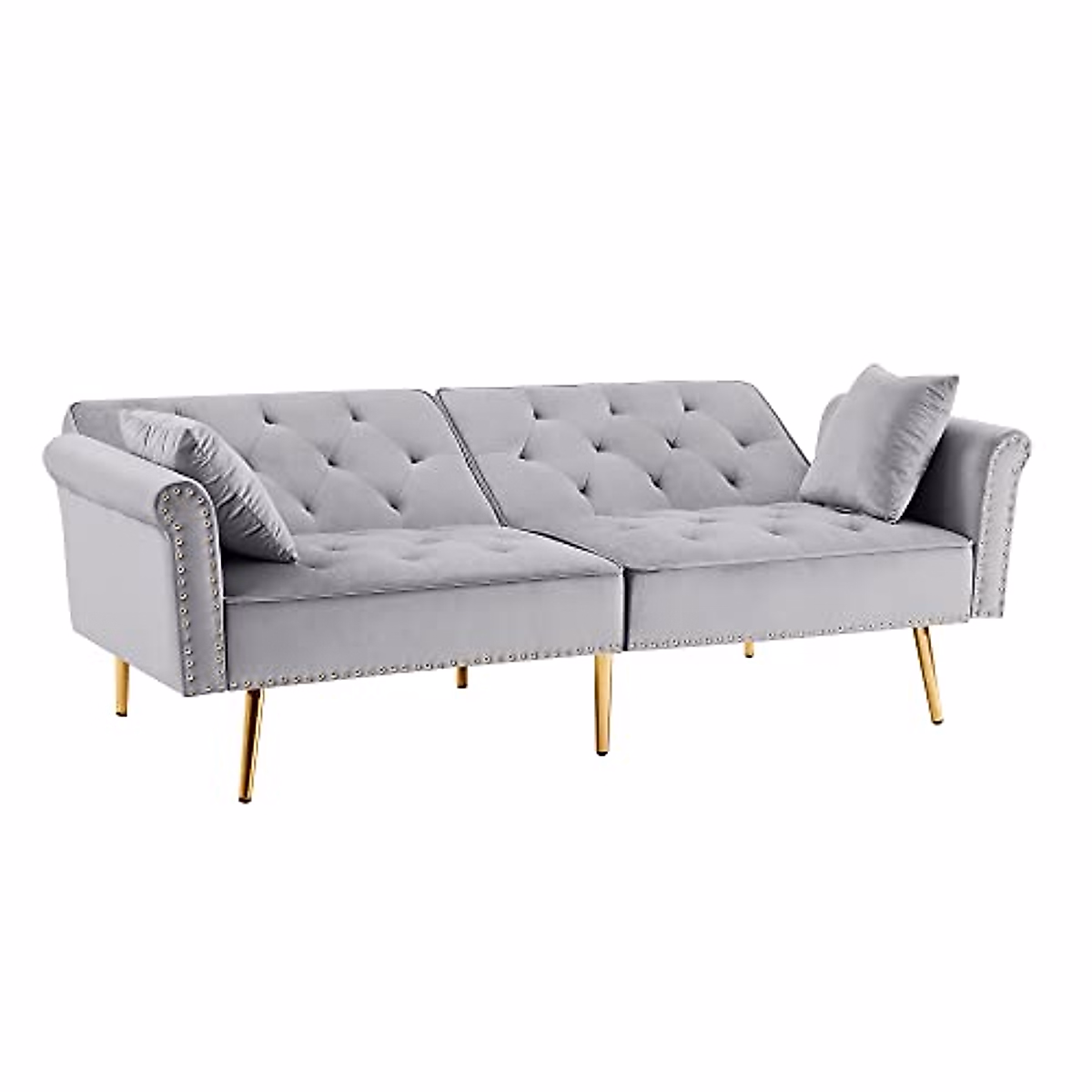 Kakotito Tufted Velvet Sofa Bed Sleeper with 2 Pillows, Luxury Loveseat Couch, Splitback Futon for Living Room & Office, Convertible Futon with Vintage Nailhead Trim and Metal Legs (Gray)