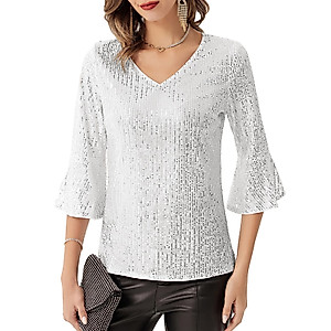 Sequin Tops for Women Sexy Shiny Metallic Sparkly Glitter Party Blouse Silver S