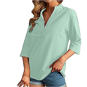 KSODFNXH 3/4 Length Sleeve Womens Tops Summer Solid Color V-Neck Button Down Shirts Casual Linen Plus Size Short Sleeve