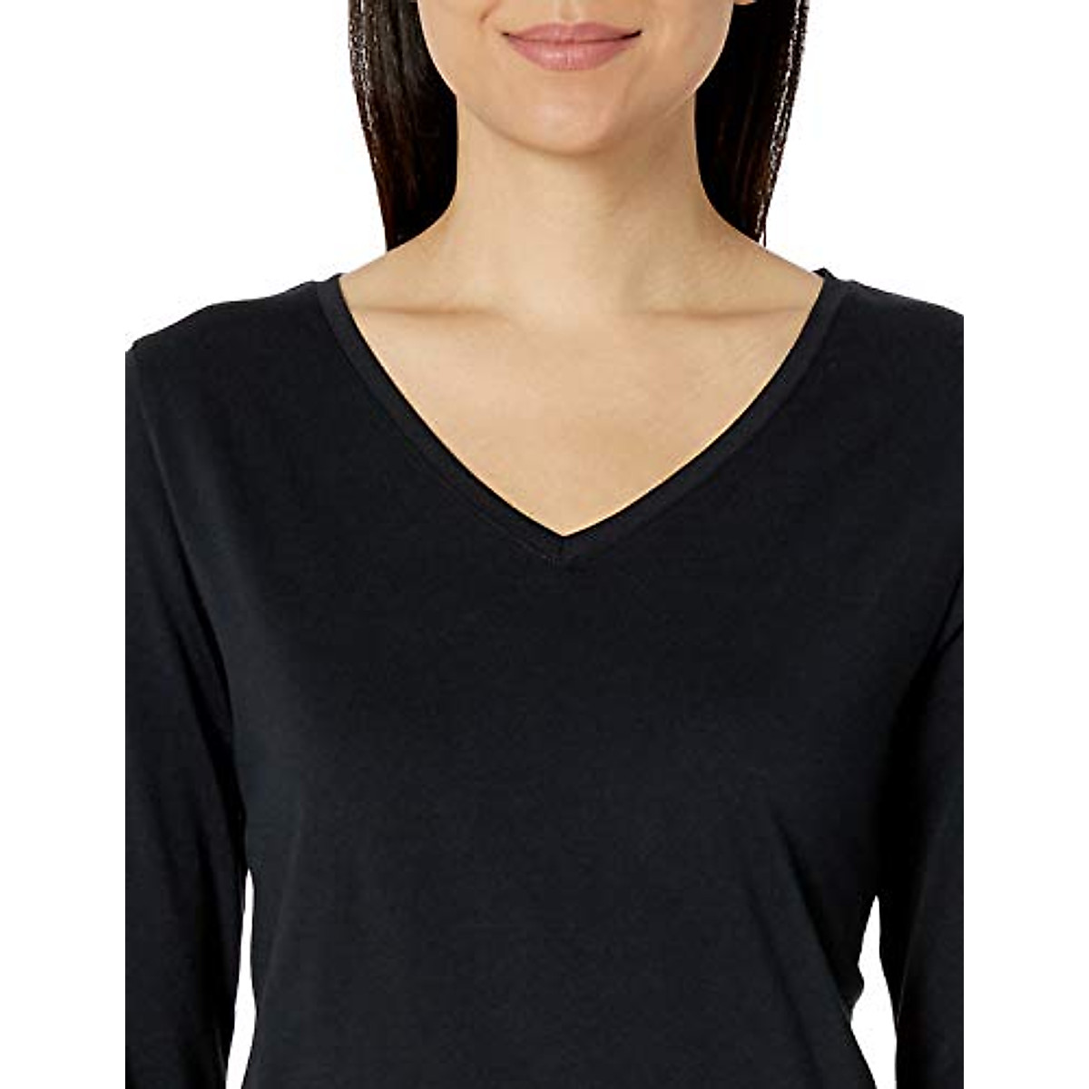 Amazon Essentials Women's Classic-Fit 100% Cotton Long-Sleeve V-Neck T-Shirt, Black, Large
