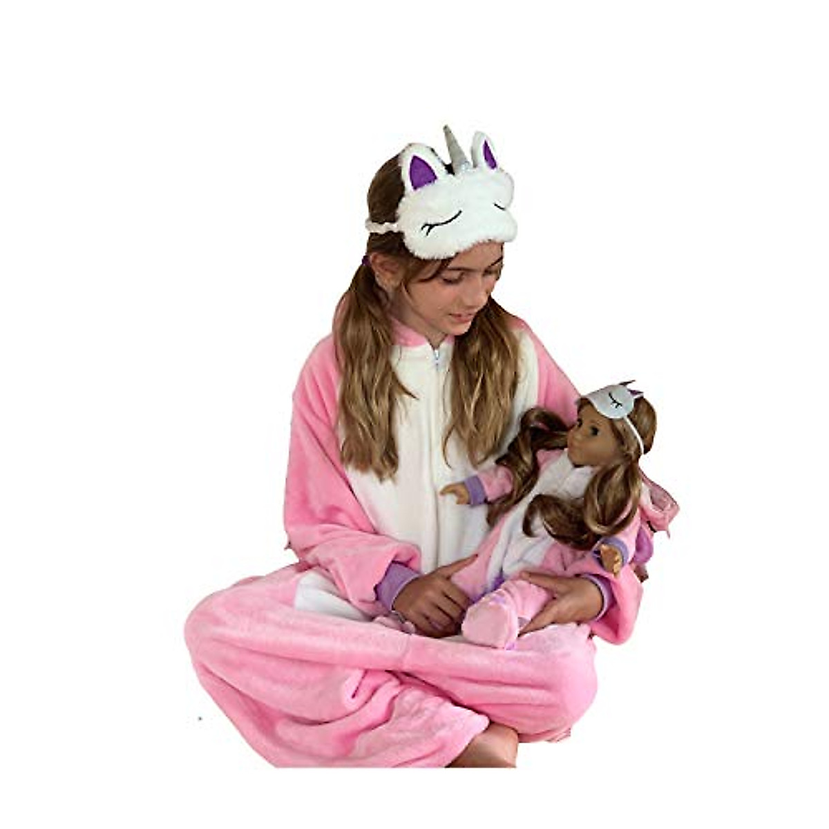 MY GENIUS DOLLS Unicorn Matching Onesie Pajamas and Sleepmasks - Fits Girl and 18 inch Doll Like American (Doll Not Included)