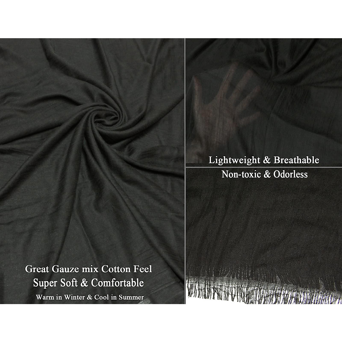 Gragengs Women Summer Scarfs Cotton Lightweight Large Long Gauze Shawl Beach Wrap Plain 75”×43” (Black)