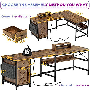 SEDETA 63" L Shaped Desk, Convertible Long Home Office Desk or Corner Desk, Office Computer Desk with Drawer, Power Strip, Storage Cabinet & Monitor Stand for Home Office, Rustic Brown