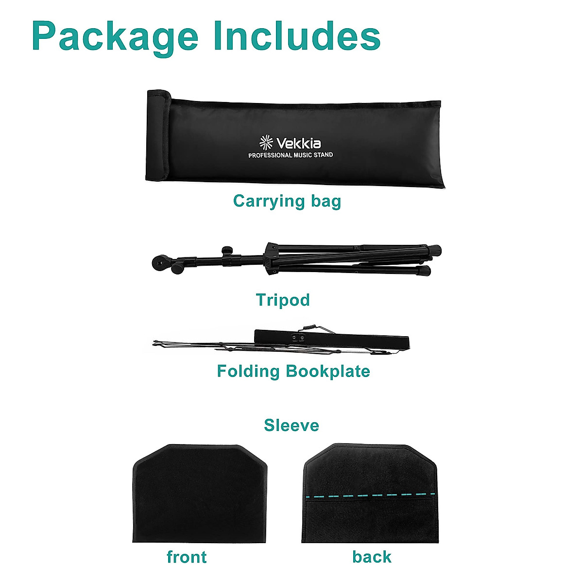 Vekkia Metal Folding Sheet Music Stand - Portable Lightweight music stand for sheet music with carrying bag&deluxe fabric tray sleeve,adjustable music holder,Black