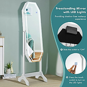 NAFORT Geometric LED Jewelry Cabinet, Standing Full Screen Mirror Vanity Cabinet with 2 Drawers Storage, Lockable Touch Screen Led Lighting, Lockable 2-in-1 Mirror Jewelry Organizer (White)