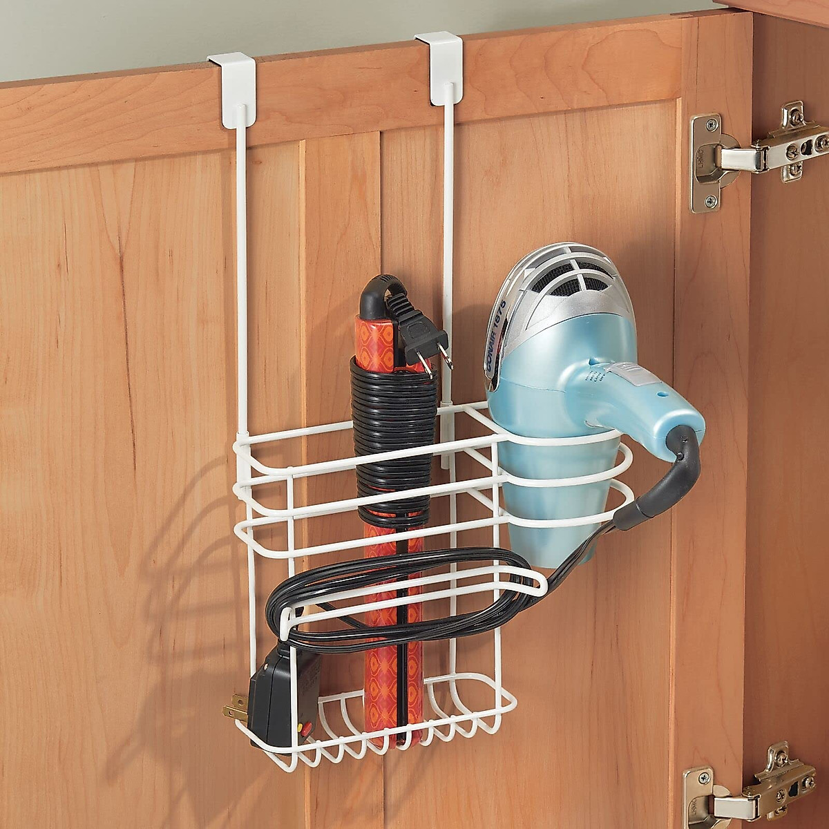 mDesign Metal Bathroom 2 Section Storage Tool Organizer Basket Tray - Hang Over Cabinet Door - Storage for Hair Dryer, Straightener, Curling Iron, Styling Products - Concerto Collection - White