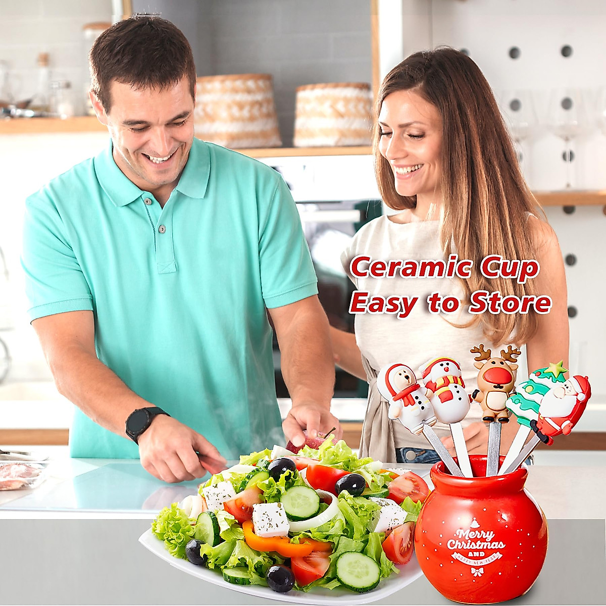 SXunacou Fruit Fork, Fun Cute Cartoon with Ceramic Storage Box Holder Stainless Steel Food Pick Forks for Home Household (A)