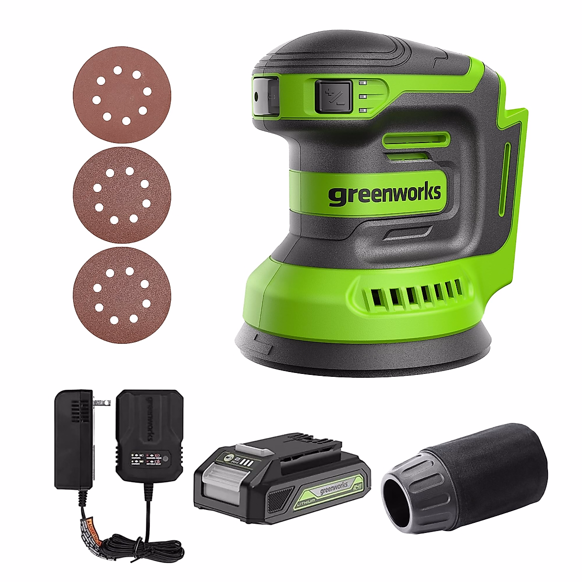 Greenworks 24V Cordless Orbital Sander, 5" Random Sanders Variable Speed, 11000 OPM, 3 Sandpaper Sheets, with 2Ah Battery and Charger