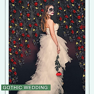 Zeyune 5 Pcs Halloween Artificial Black Rose Vine Fake Floral Wall Hanging Ornaments Dark Flower Floral Vines Decorative Black Rose Garland with Golden Berries and Black Leaves for Home Wedding Party