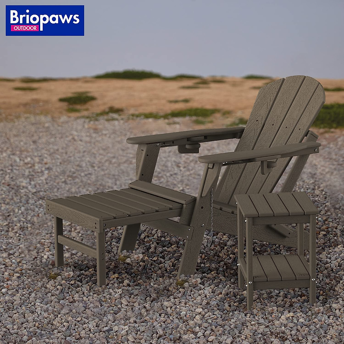 BRIOPAWS Folding Adirondack Chair with Adjustable Backrest & Ottoman, Wood Texture All-Weather HDPE Outdoor Chairs w/Cup Holders & Retractable Footrest for Poolside, Fire Pit, Campfire, Light Brown