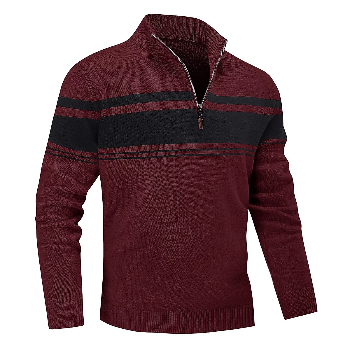 MAGNIVIT Men's Stand Collar Pullover Casual Long Sleeve Knitted Sweater Mens Mock Neck Sweater Wine Red L