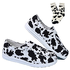 LELEBEAR Cow Print Shoes, Cow Print Shoes for Women, Flat Lace-Up Slip On Women Comfortable Print Sneakers (Cow Print Shoes, 9.5 US)