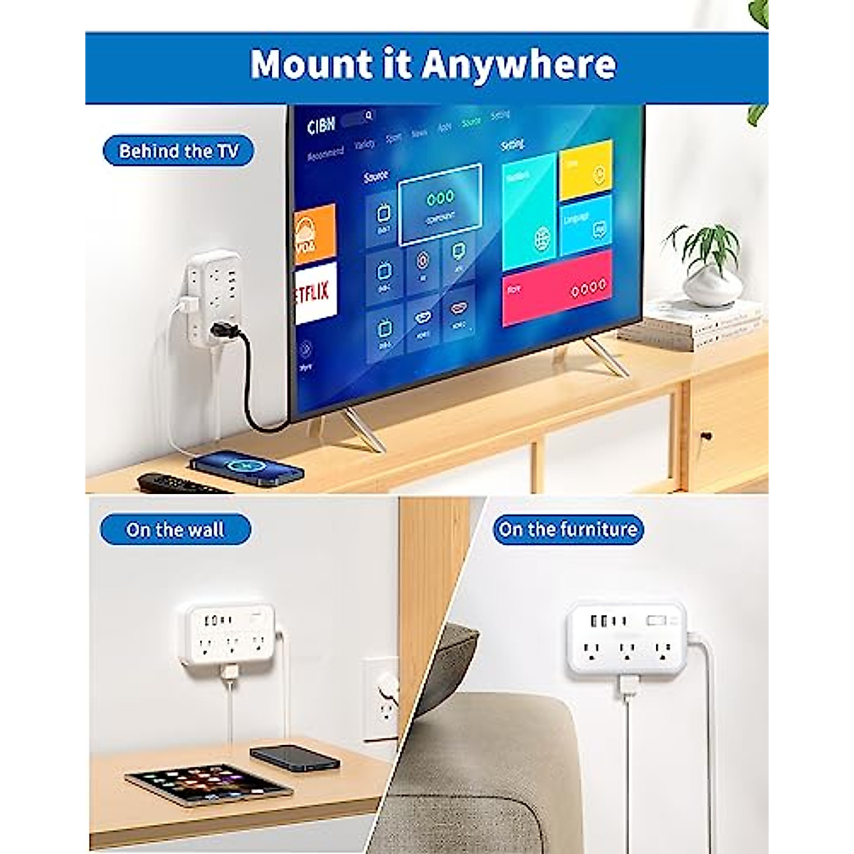 Flat Extension Cord 25 ft, NTONPOWER 2-Side Outlet Extender Surge Protector Power Strip with 6 Outlets 4 USB Ports, Mounted, Overload Protection for Indoor, Home, Office, Dorm Room Essentials