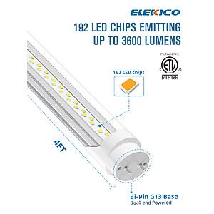 ELEKICO 20-Pack T8 Led Bulbs 4 Foot, 24W 3600LM 6500K Daylight 4' T8 Led Light Bulbs, Ballast Bypass, G13 Base Type B Dual-End Powered 4ft Led Tube Light, Led Replacement for Fluorescent Tubes
