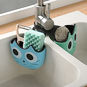 LuckyBamboo Sink Sponge Holder Hanging, Cute Gadgets Basket with Buckle for Kitchen, Bathroom, Workplace Organizer (Bule+Pink 2Pack)