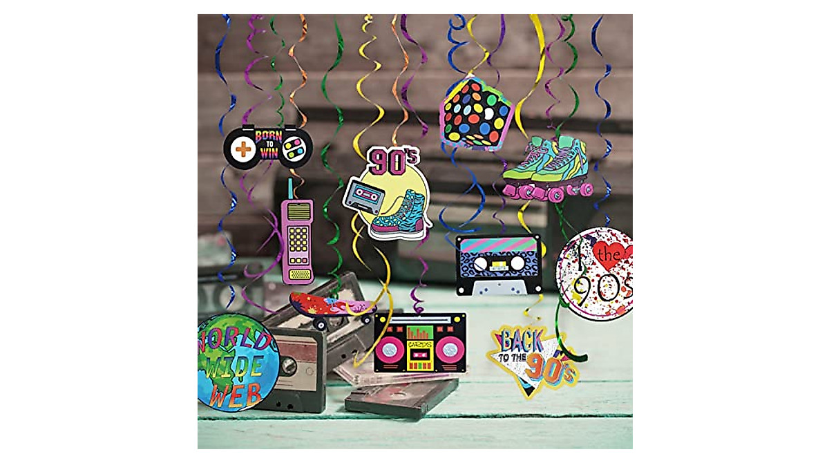 90s Party Decorations - 30pcs Retro Hanging Swirls & Cutouts