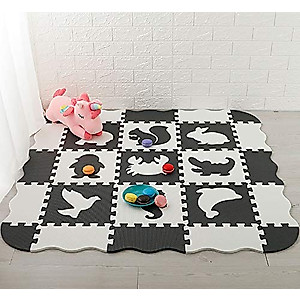 Nicunom 25 Pieces Foam Play Mat with Fence, 0.39 inch Thick EVA Interlocking Foam Floor Tiles with 9 Animal Patterns, Thick Playroom & Nursery Decor Playmat for Infants Toddler Kids
