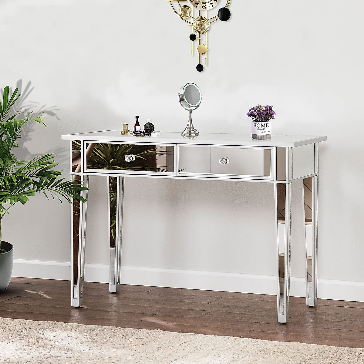 Mirrored Console Table with 2 Drawer, Silver Mirrored Makeup Dressing Table Vanity Desk, Modern Writing Desk Media Table for Bedroom Entryway Home Office
