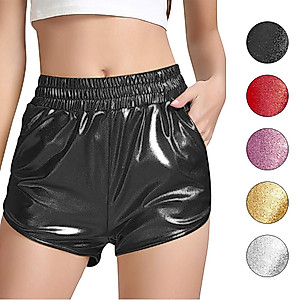 Women's Yoga Hot Shorts Elastic Waist Shiny Metallic Pants (Black, M)