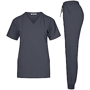 Minty Mint Women's Lightweight Durable Solid 4-way Stretch Medical Uniform Scrub Set V Neck Top Cargo Tapered Jogger Pants Nurse Veterinarian LvE3A Grey L