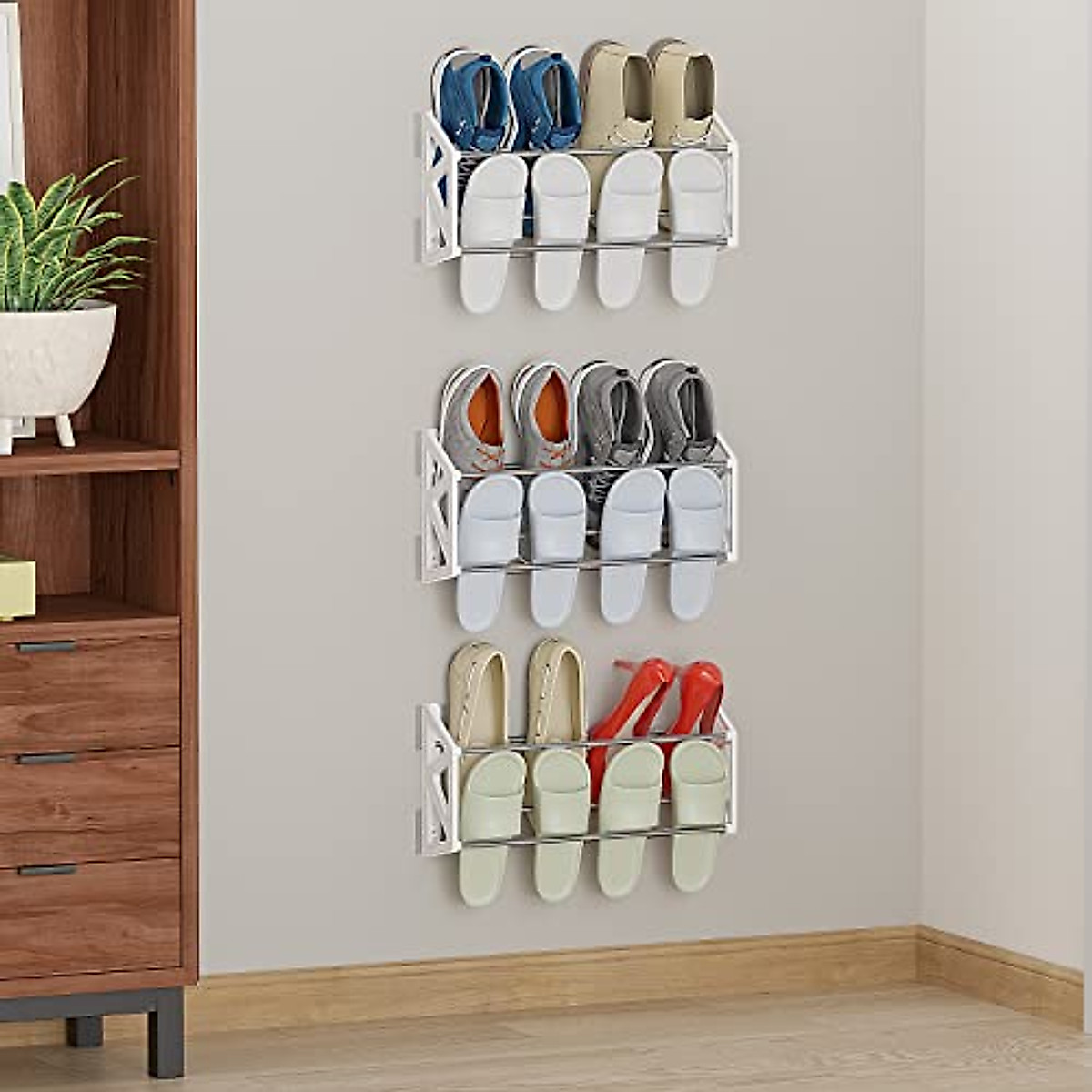 Yocice Wall Mounted Shoes Rack 3Pack/Can Store 6Pairs Sneakers and 6Pairs Slide Sandal,with Sticky Hanging Mounts, Shoes Holder Storage Organizer Shelf ,Door Shoe Hangers, SM07-17.5inch-3Pack(White)