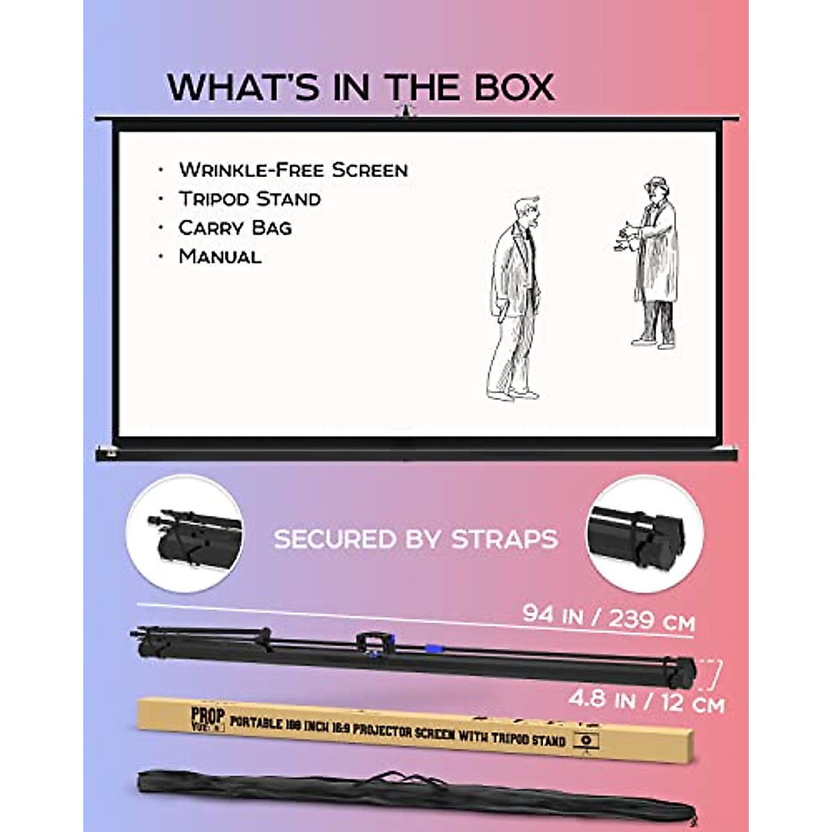 Projector Screen with Stand 100 inch - Indoor and Outdoor Projection Screen for Movie or Office Presentation - 16:9 HD Premium Wrinkle-Free Tripod Screen for Projector with Carry Bag and Tight Straps