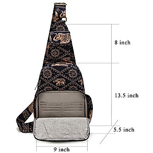 Women sling bag Elephant canvas large boho backpacks bohemian Crossbody bag (Black)