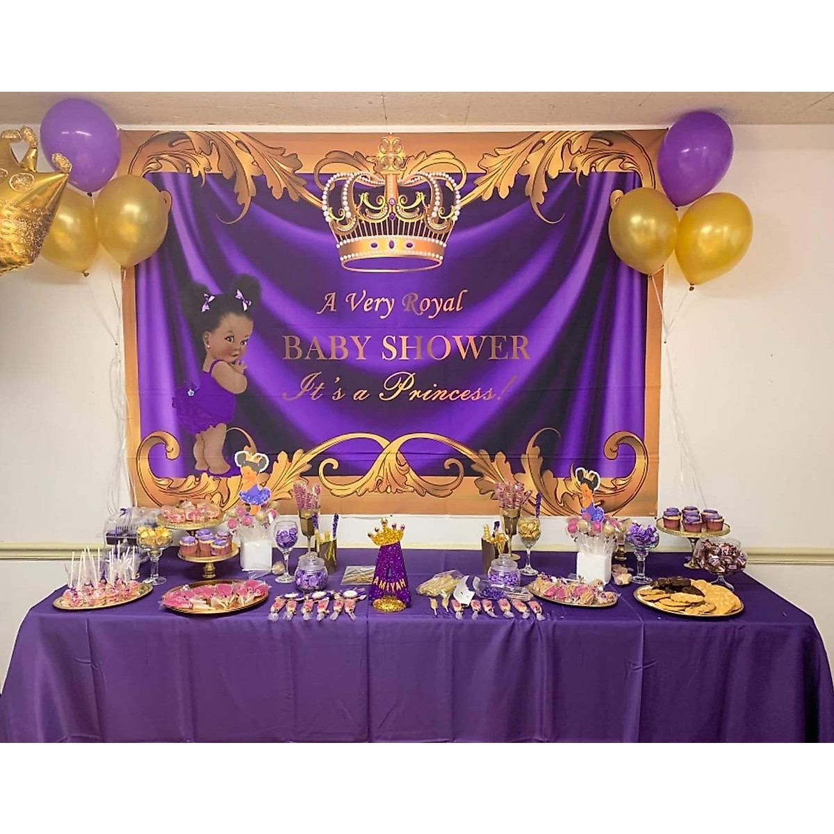 Mocsicka Baby Shower Backdrop Royal Little Princess Purple Crown Photography Background 7x5ft Vinyl Royal Purple Gold Baby Shower Party Banner Backdrops