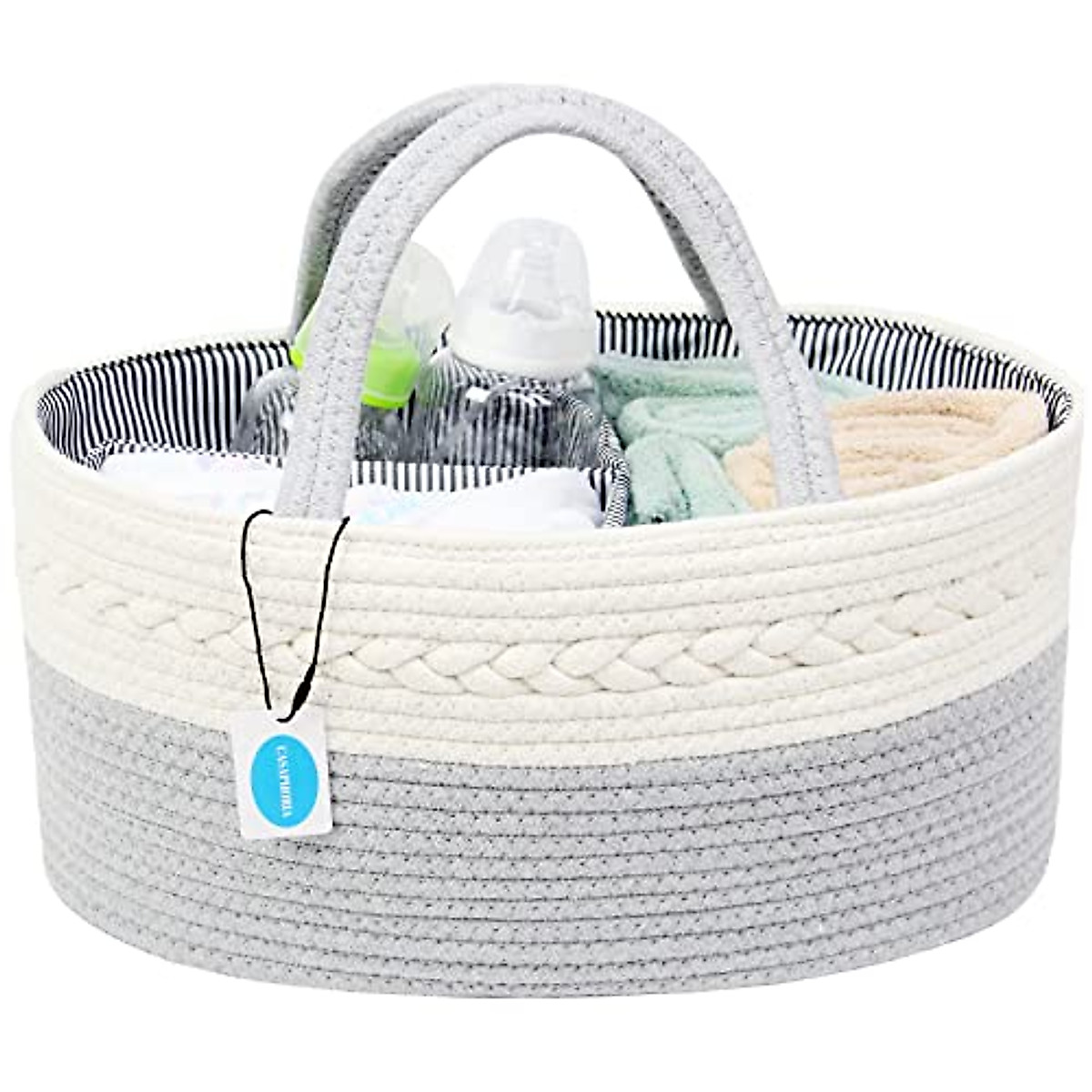 Casaphoria Diaper Caddy Organize,Cotton Rope Diaper Basket Caddy Baskets for Storage,100% Cotton Car Diaper Organizer with Removable Inserts,Cream and Gray (14.2''×8.7''×8'')